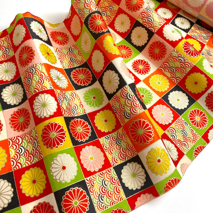 Joyous Endless Chrysanthemums and Seigaiha Waves Vintage Kimono Silk f ...